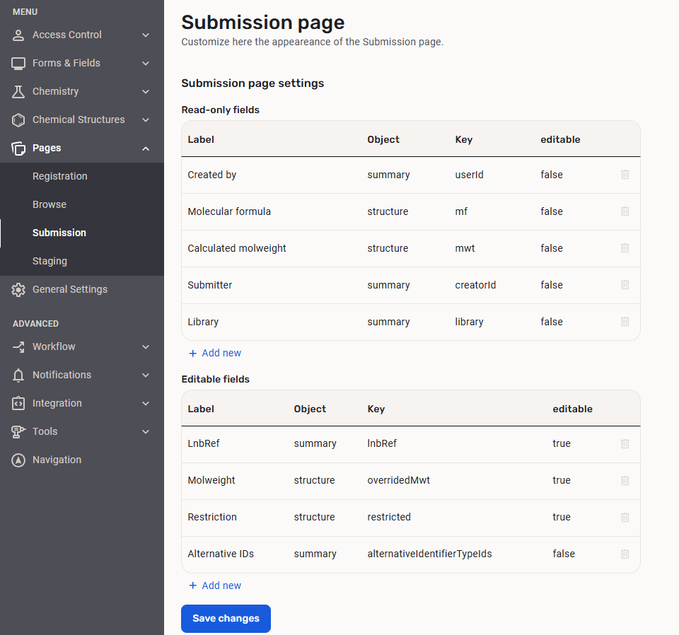 Pages Configuration | Chemaxon Docs
